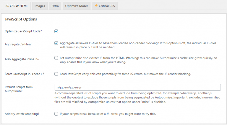 Settings for Autoptimize cache plugin. The7 | Dream-Theme